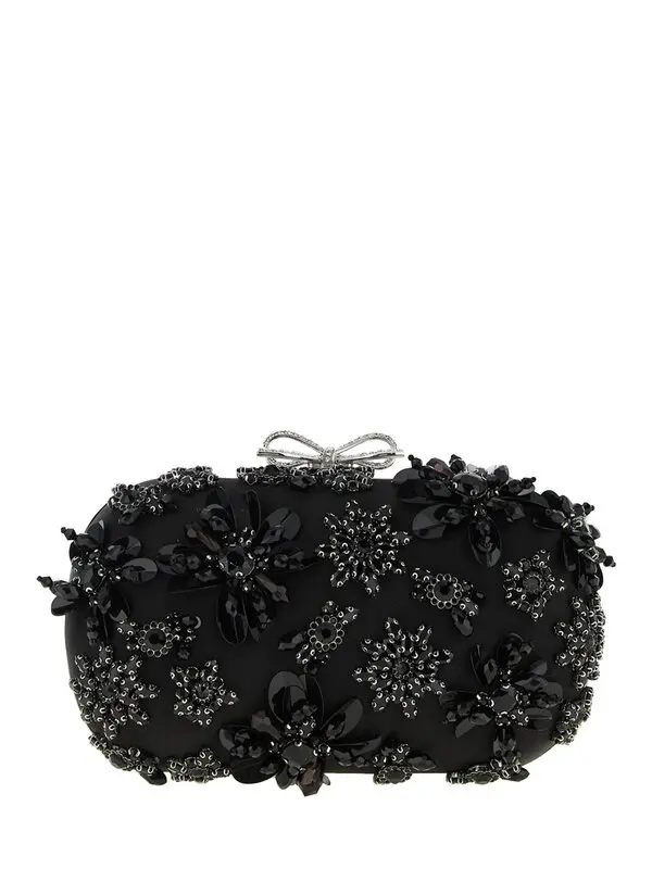 SELF-PORTRAIT Satin Floral Crystal Clutch - Black