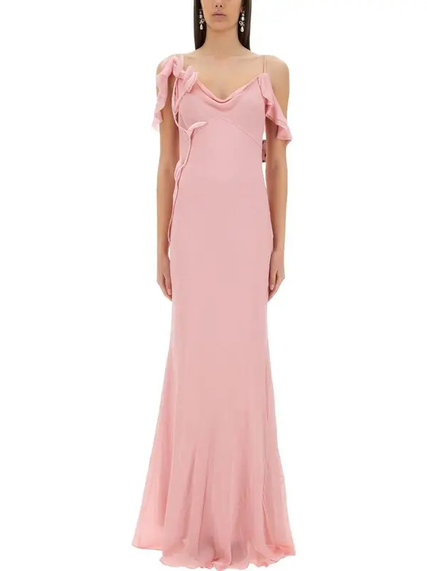 SELF-PORTRAIT Long Dress With Floral Appliqués - Pink