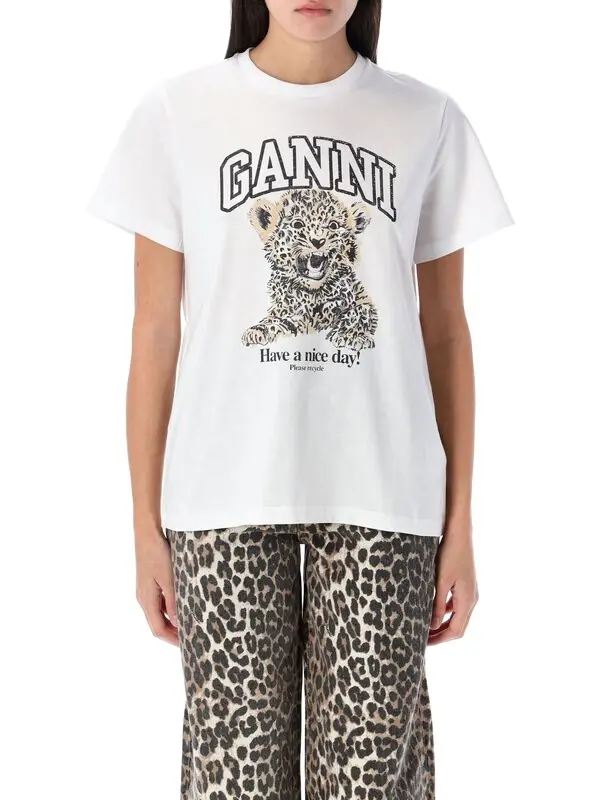GANNI T-shirt With Leopard Graphic - Grey + Leo