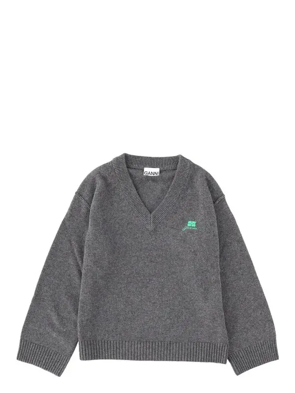 GANNI Logo V-neck Sweater - Grey