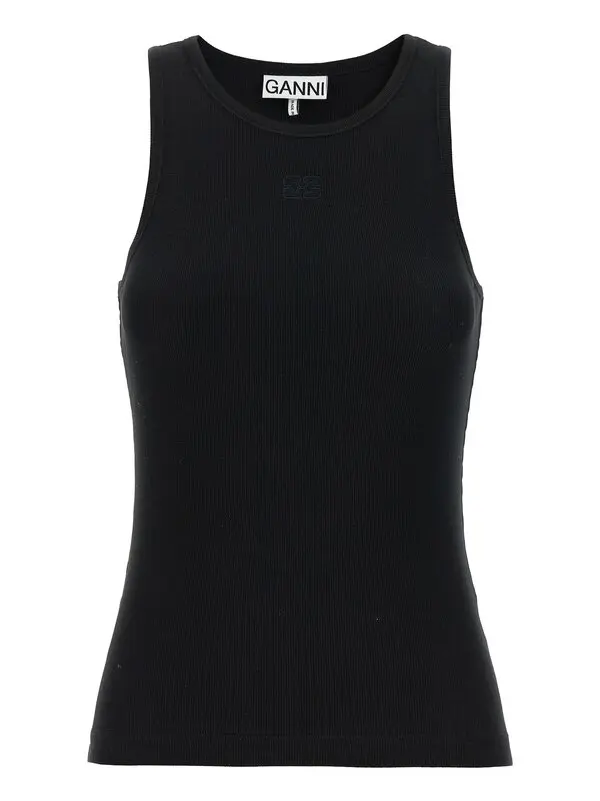 GANNI Ribbed Cotton Top - Black