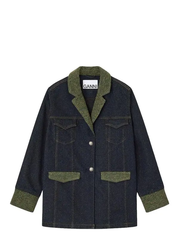 GANNI Cotton Blend Denim Blazer - Charcoal