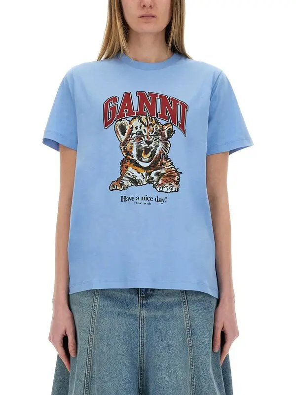 GANNI Printed Relaxed-fit T-shirt - Azure