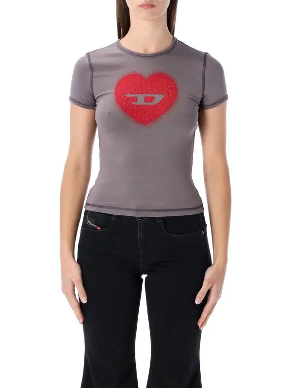 DIESEL Stretch Jersey T-shirt With Heart Graphic - Grey