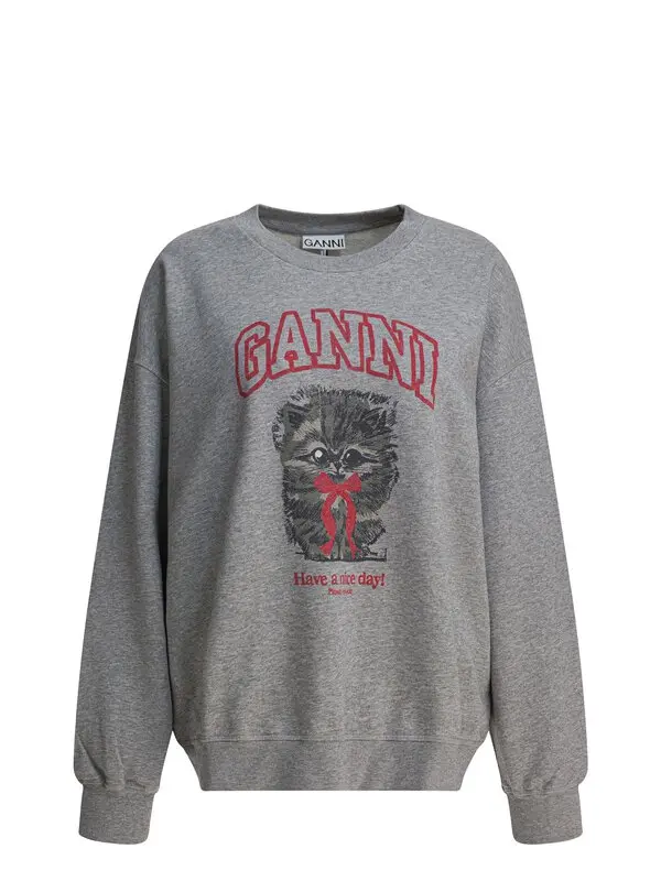 GANNI Margot Kitty Print Crewneck Sweatshirt - Grey