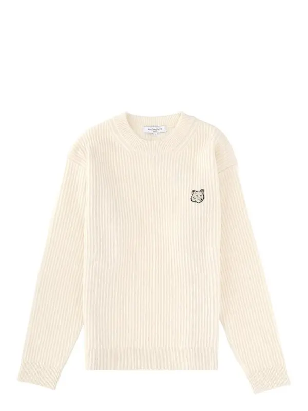 Maison Kitsuné Ribbed Knit Sweater With Fox Patch - Powder