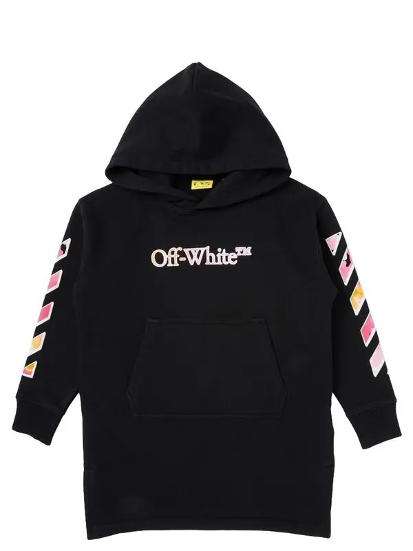 Off White Watercolor Hoodie Dress - Black