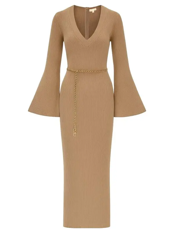 Michael Kors Wool Blend Slim Fit Midi Dress - Beige