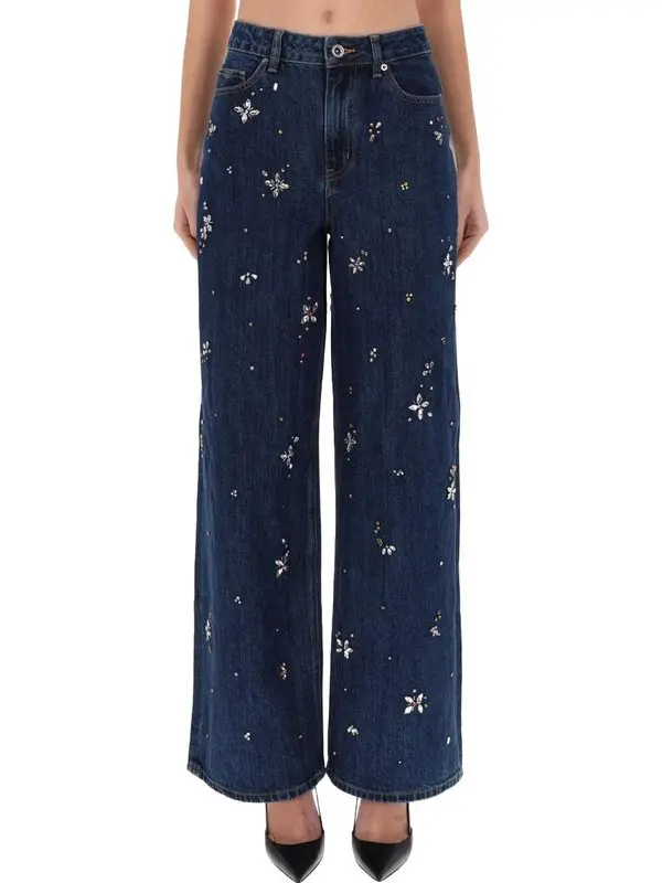 SELF-PORTRAIT Diamanté Wide Leg Jeans - Blue