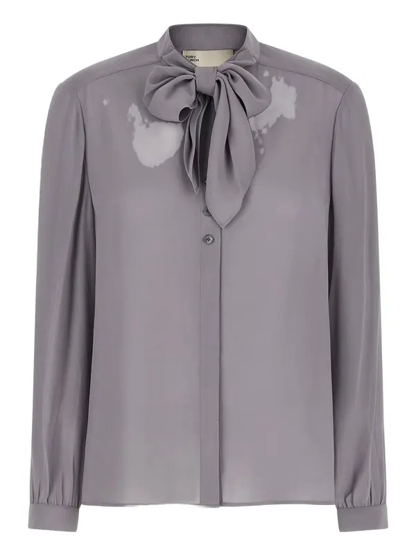 Tory Burch Georgette Bow Blouse - Gray