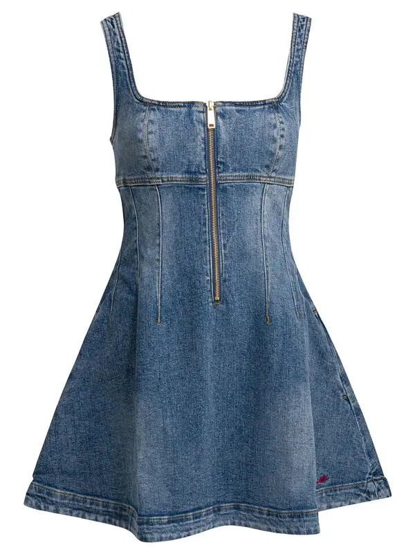 SELF-PORTRAIT Denim Flared Mini Dress - Blue