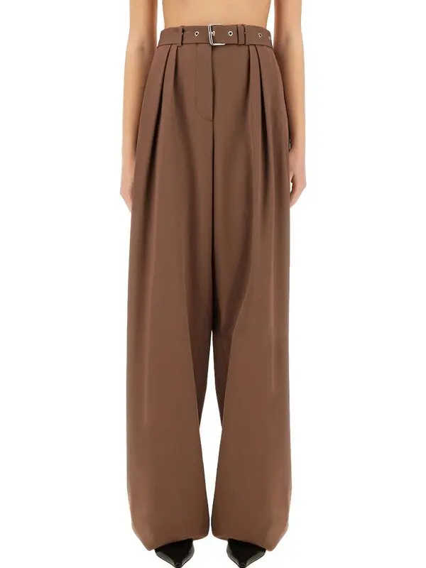 Dries Van Noten Wide Leg Wool Pants With Belt - Brown