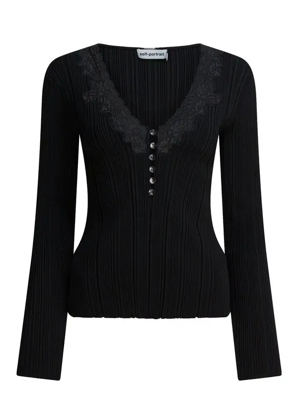 SELF-PORTRAIT Ribbed Knit Top With Lace - Black
