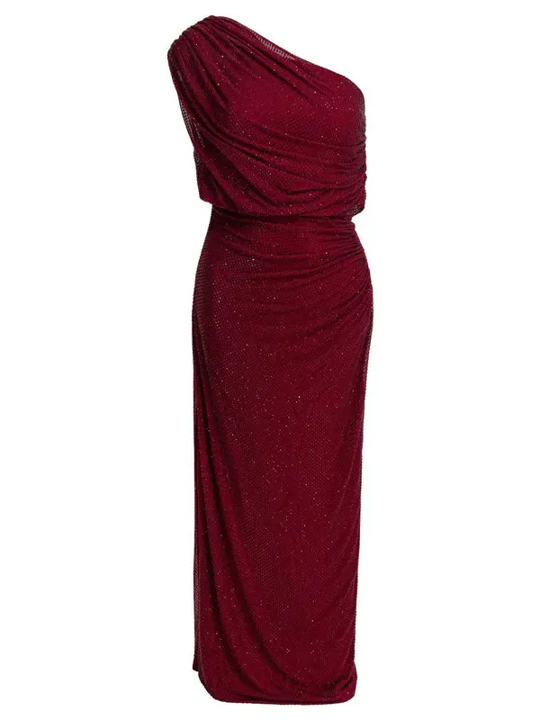 SELF-PORTRAIT Draped Midi Dress With Rhinestones - Red