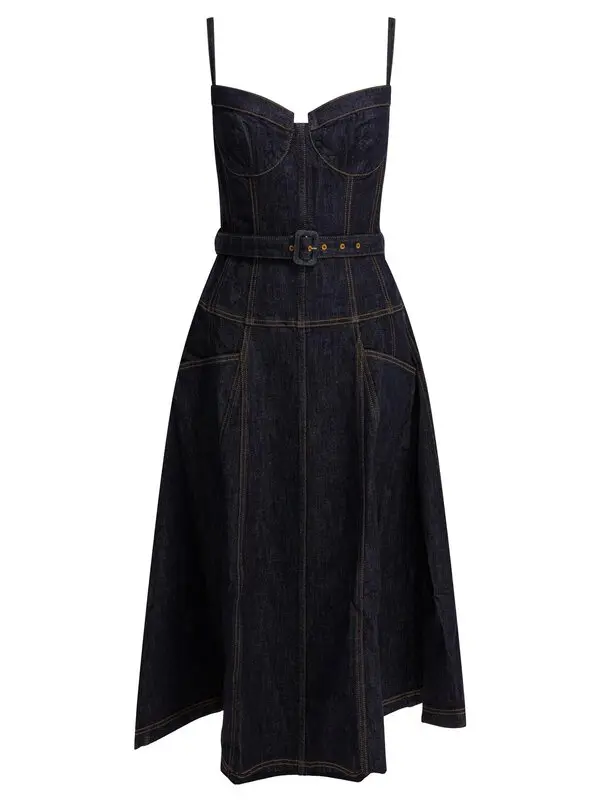 SELF-PORTRAIT Denim Flared Midi Dress - Blue