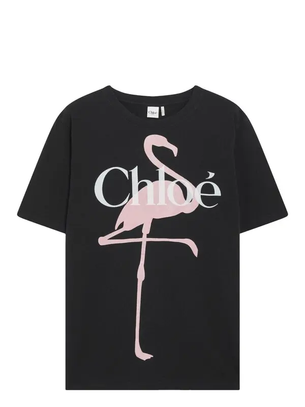 Chloé Oversized T-shirt With Logo And Flamingo Print - Black