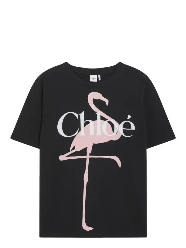 Chloé Baby Fit T-shirt With Logo And Flamingo Print - Black