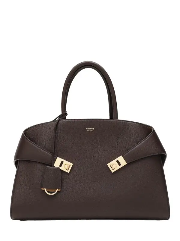 FERRAGAMO Leather Handbag With Gancini Buckles - Brown