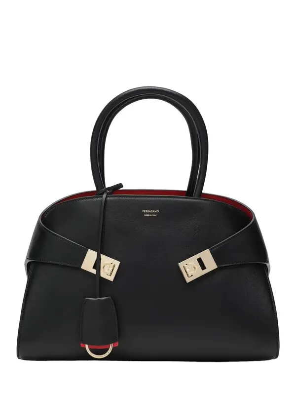 FERRAGAMO Leather Handbag With Gancini Buckles - Black