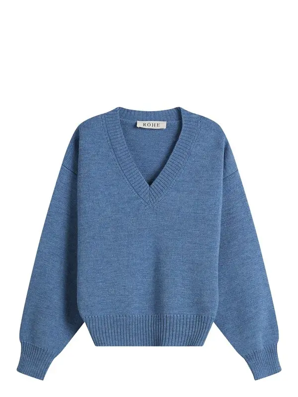 RÓHE V-neck Wool Knit Jumper - Denim Blue Melange