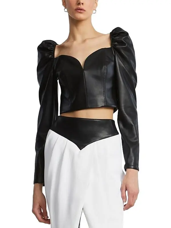 Bcbgmaxazria Puff Sleeve Leather Top - Black