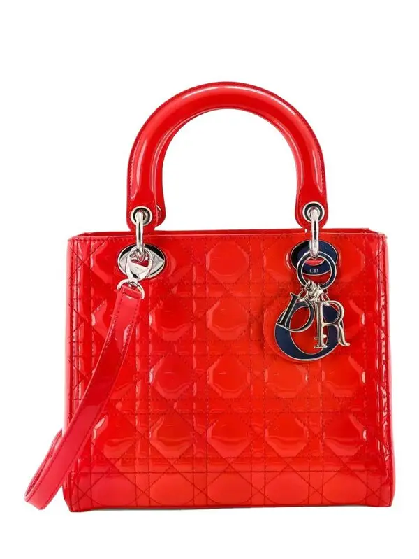 Dior Lady Cannage Quilt Patent Medium Satchel - Red