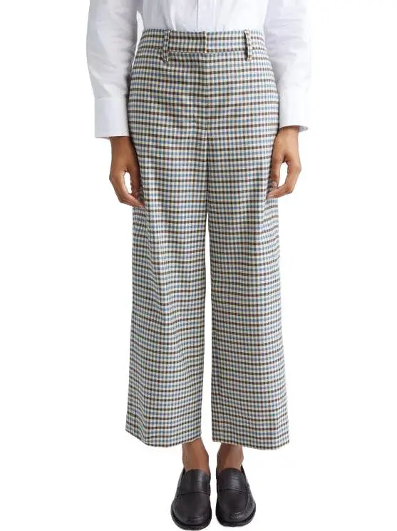 Max Mara Michelle Check Wool & Cotton Wide Leg Ankle Pants - Light Blue