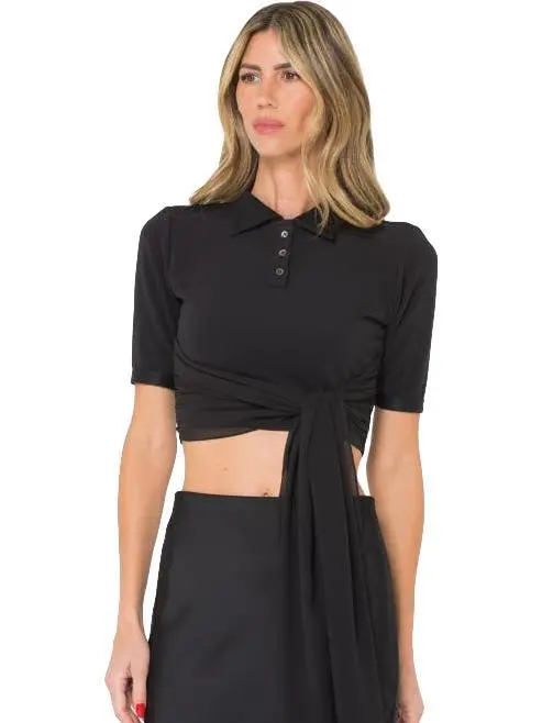 JBQ Knit Polo Top With Chiffon Tie - Black