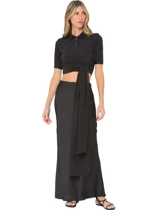 JBQ Knit Polo Top With Chiffon Tie - Black
