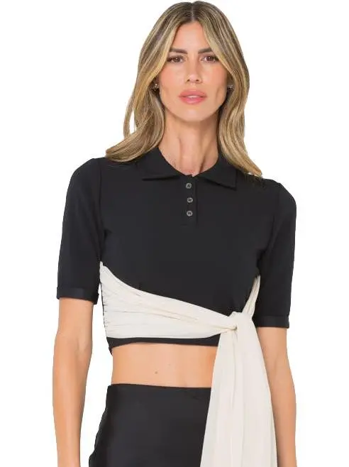 JBQ Knit Polo Top With Chiffon Tie - Black/bone