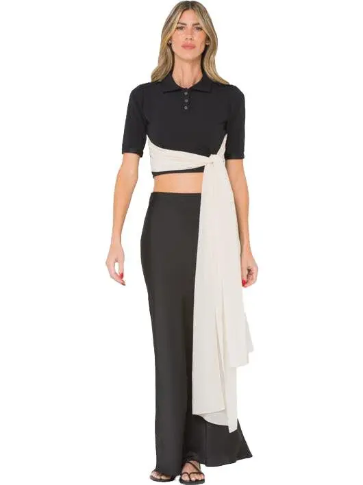 JBQ Knit Polo Top With Chiffon Tie - Black/bone