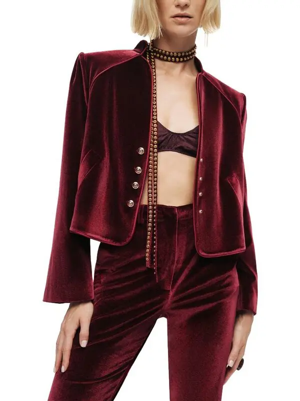 NOCTURNE Velvet Cropped Jacket - Burgundy