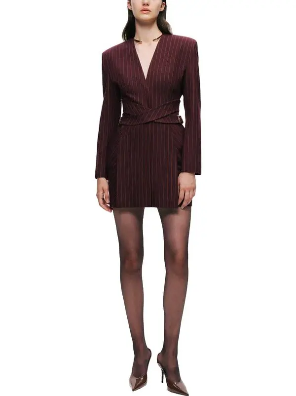 NOCTURNE Tailored Pinstripe Wrap-waist Mini Dress - Burgundy