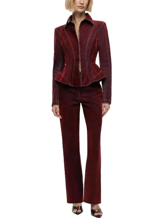 NOCTURNE Velvet Corset-seamed Peplum Jacket - Burgundy