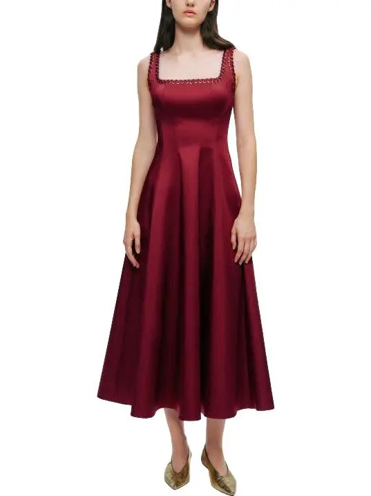 NOCTURNE Embellished Square-neck Midi Dress - Burgundy