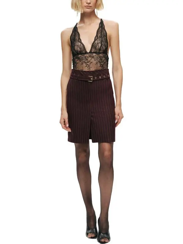 NOCTURNE Pinstripe Belted Pencil Skirt - Burgundy
