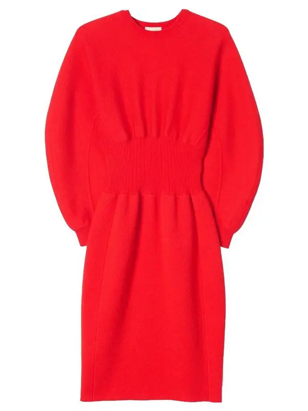 Gobi Cashmere Sculptural Knitted Dress With Voluminous Sleeves - Fiery Red