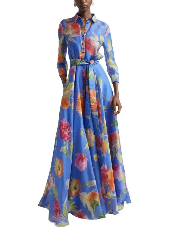 Carolina Herrera Poppy Print Belted Silk Organza Gown - Bluebell Multi