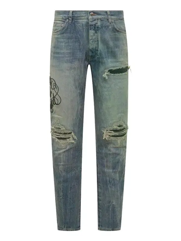 Amiri Embroidered Distressed-effect Jeans - Blue