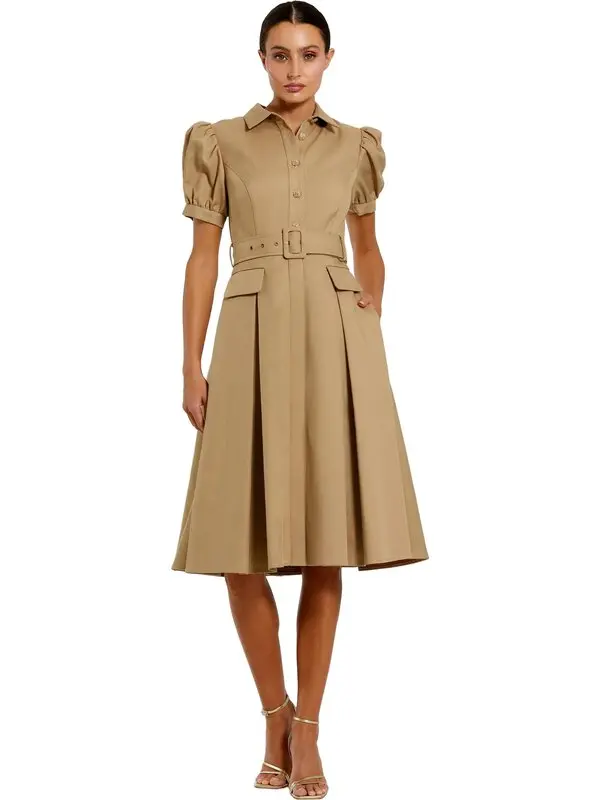 Mac Duggal Puff Sleeve Belted Midi Shirt Dress - Neutral
