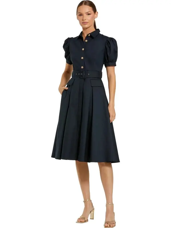 Mac Duggal Puff Sleeve Belted Midi Shirt Dress - Navy