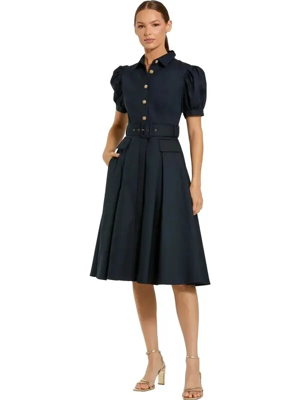 Mac Duggal Puff Sleeve Belted Midi Shirt Dress - Navy