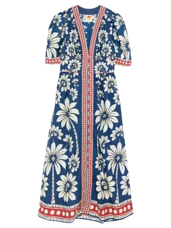 Farm Rio Floral-print V-neck Maxi Dress - Blue