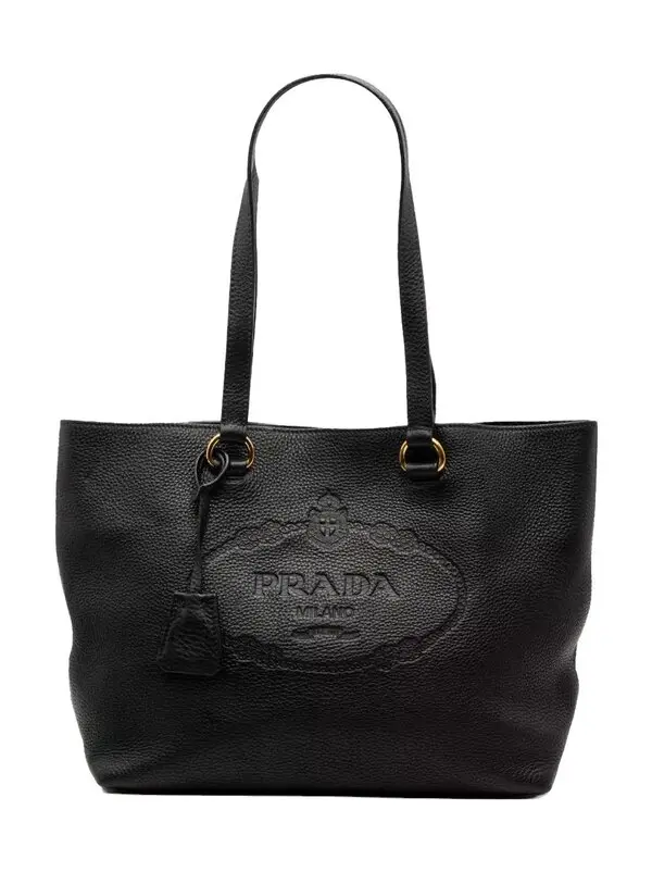 Prada 2000-2013 Vitello Daino Embossed Logo Tote Bag - Black