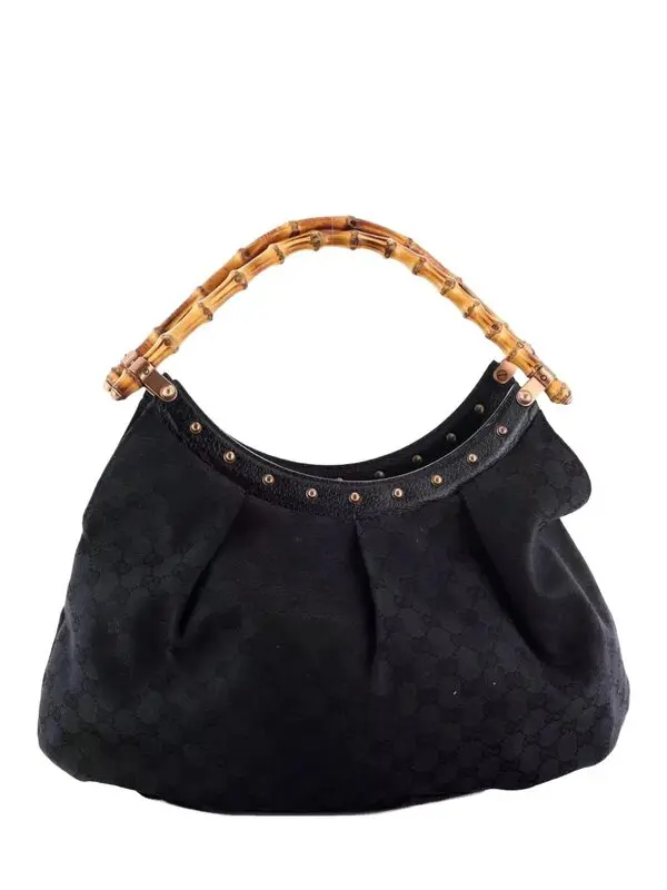 Gucci Vintage Bamboo Gg Canvas Large Hobo Bag - Black