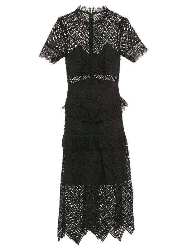 SELF-PORTRAIT Tiered Lace Midi Dress - Black