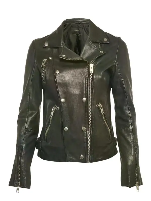 Maje Asymmetrical Zip Leather Biker Jacket - Black