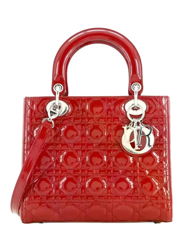Dior Lady Nm Medium Satchel Cannage Quilt Patent - Red