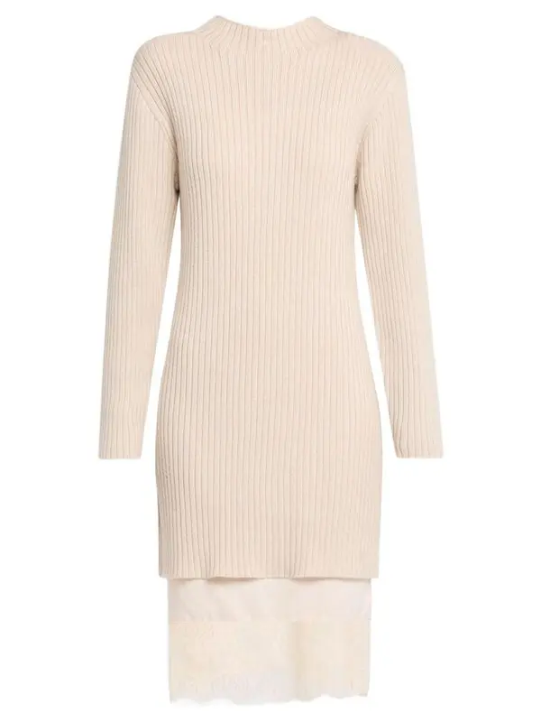 Staud Ribbed Knit Sweater Dress With Lace Hem - Ecru