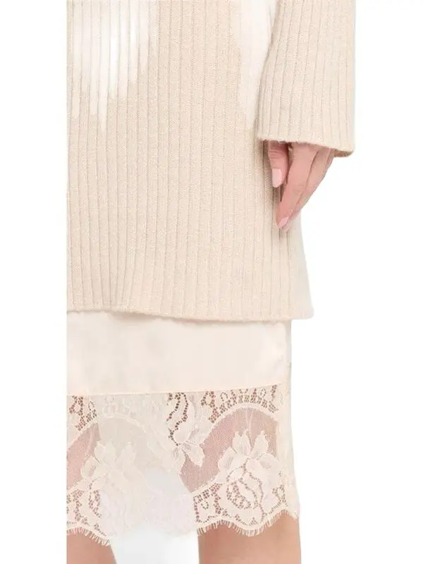 Staud Ribbed Knit Sweater Dress With Lace Hem - Ecru
